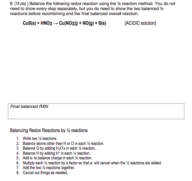 Solved B. (15 pts) ) Balance the following redox reaction | Chegg.com