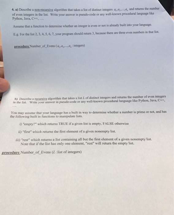Solved A) Describe a non-recursive algorithm that takes a | Chegg.com
