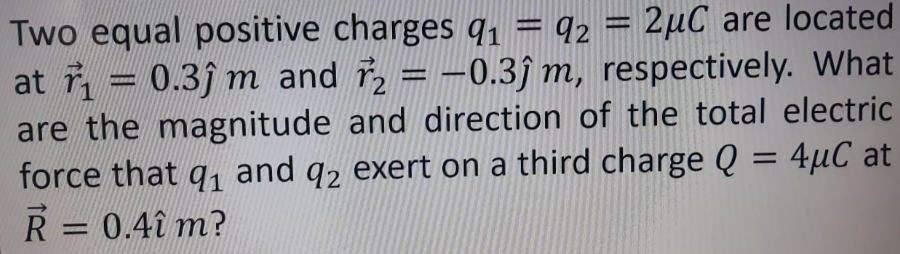 Solved Two equal positive charges q1=q2=2μC are located at | Chegg.com