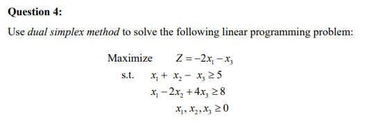 Solved Question 4: Use dual simplex method to solve the | Chegg.com
