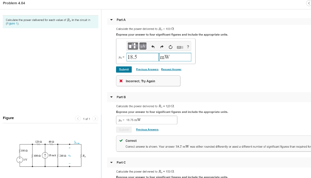 Solved Problem 4.84 Part A Calculate the power delivered for | Chegg.com