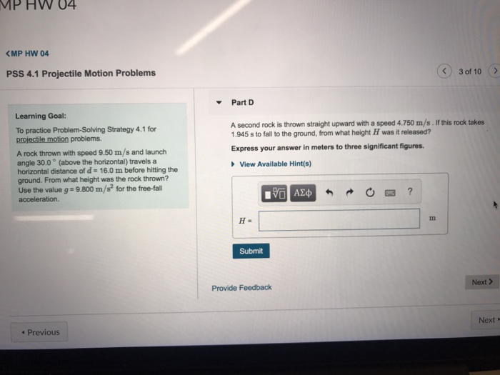 Solved MP HW 04 MP HW 04 PSS 4.1 Projectile Motion Problems | Chegg.com