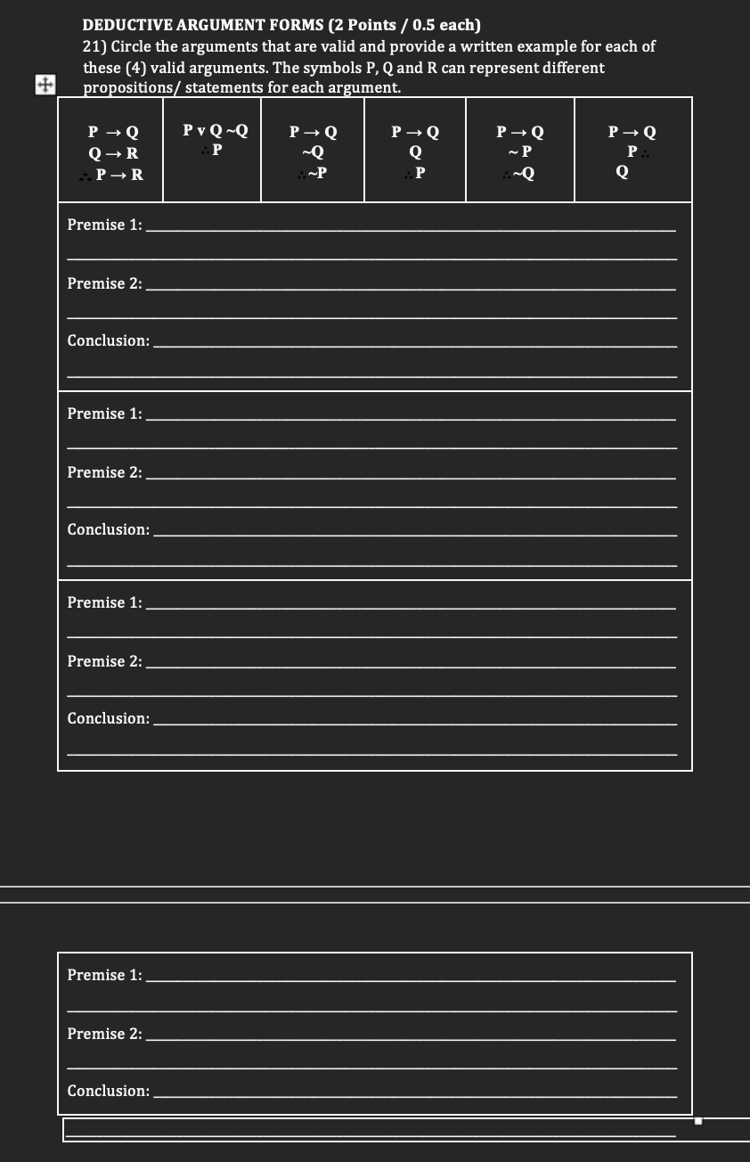 DEDUCTIVE ARGUMENT FORMS (2 Points / 0.5 each) 21) | Chegg.com
