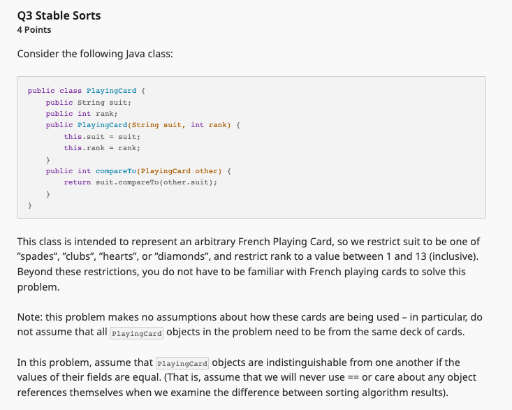 Solved Q3 Stable Sorts 4 Points Consider the following Java | Chegg.com