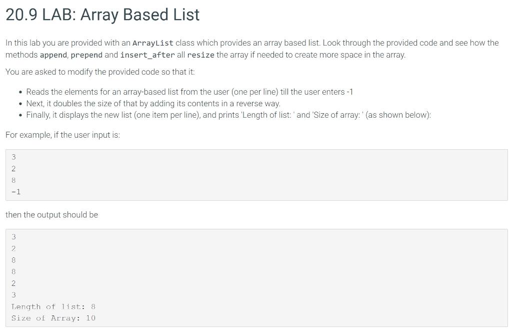 Solved 20.9 LAB: Array Based List In this lab you are | Chegg.com
