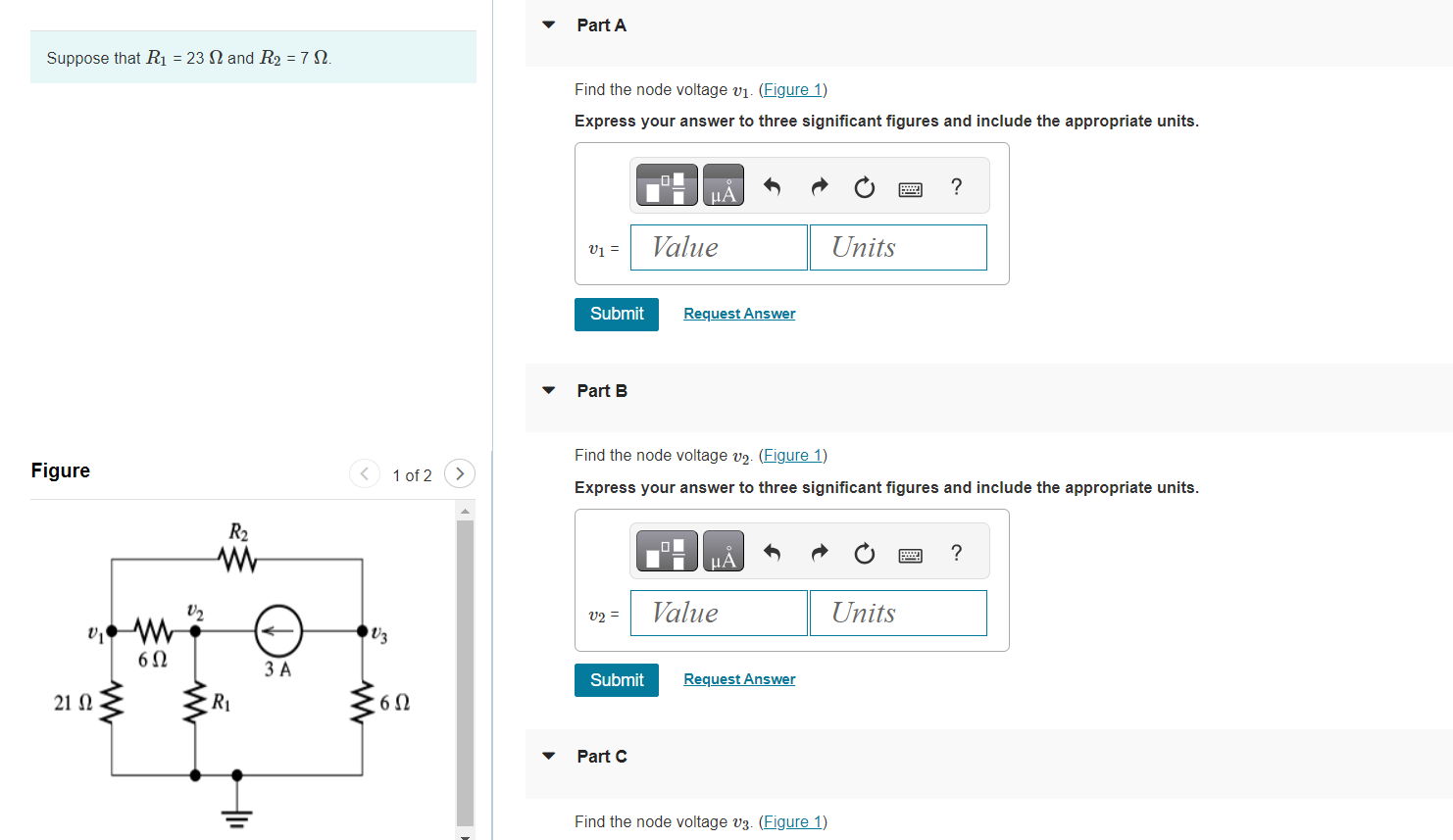 Solved Suppose that R1=23Ω and R2=7Ω. Find the node voltage | Chegg.com