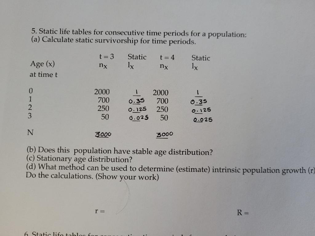 5. Static life tables for consecutive time periods | Chegg.com