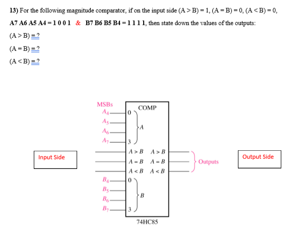 Solved 13) For the following magnitude comparator, if on the | Chegg.com