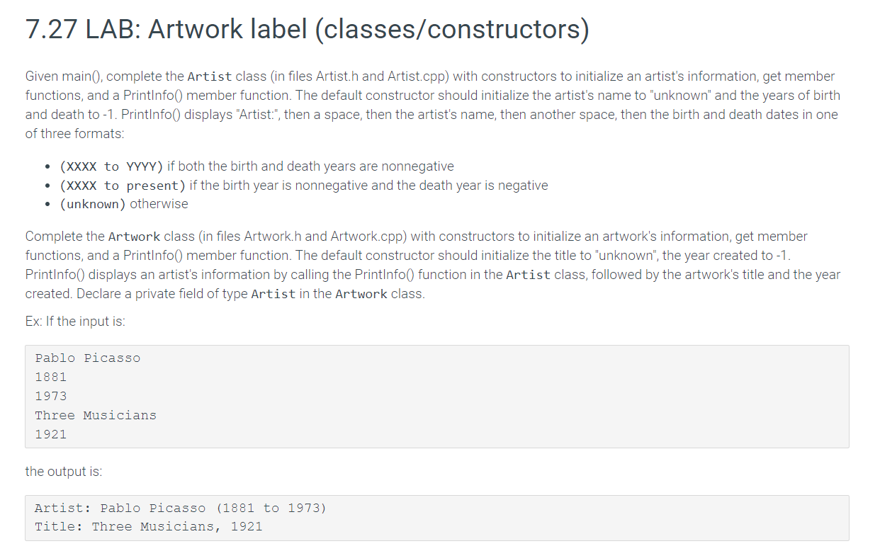 Solved 7.27 LAB: Artwork label (classes/constructors) Given | Chegg.com