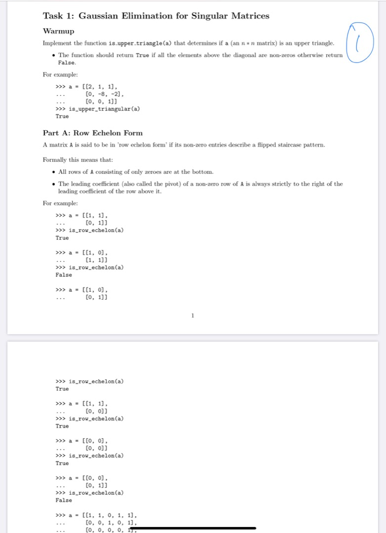 Solved Task 1: Gaussian Elimination for Singular Matrices | Chegg.com