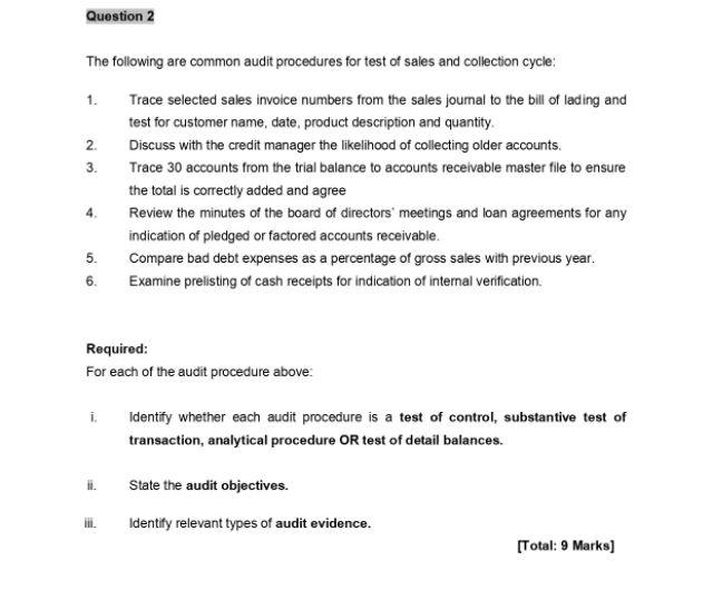 Solved Question 2 The following are common audit procedures | Chegg.com