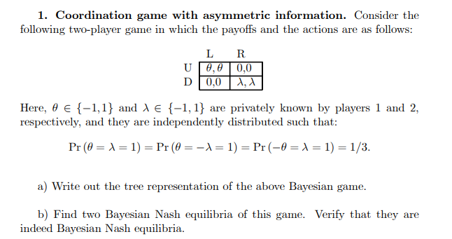 Solved 1. Coordination game with asymmetric information. | Chegg.com