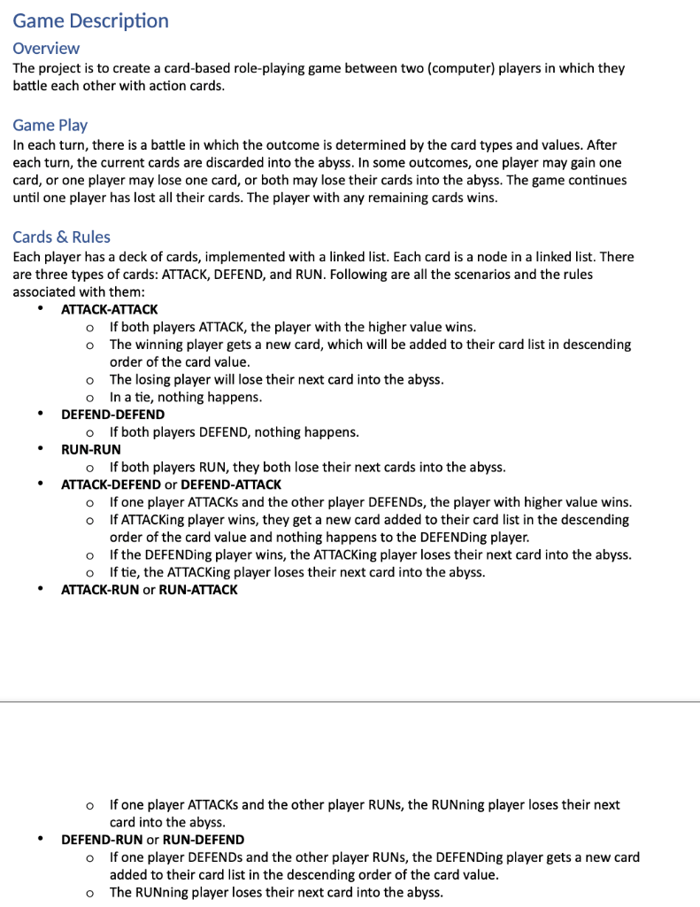Solved Game Description Overview The project is to create a | Chegg.com