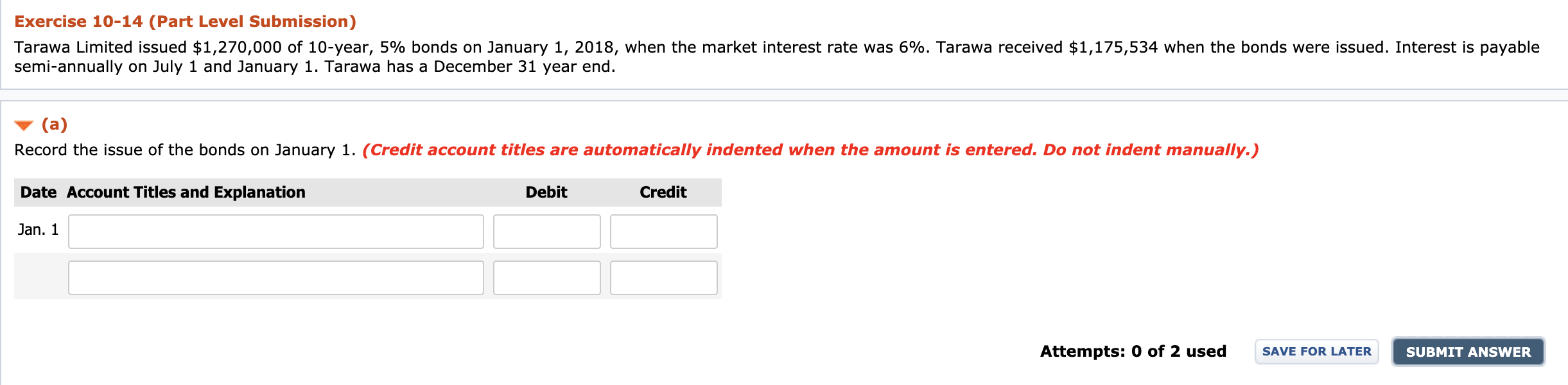 Solved Exercise 10-14 (Part Level Submission) Tarawa Limited | Chegg.com
