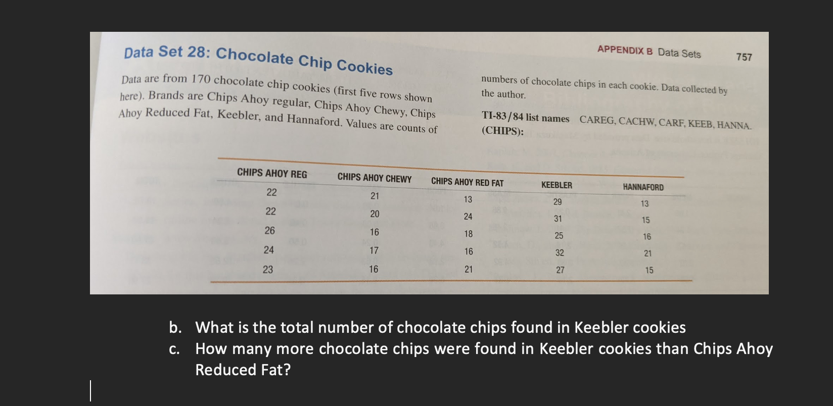 Solved APPENDIX B Data Sets 757 Data Set 28: Chocolate Chip | Chegg.com