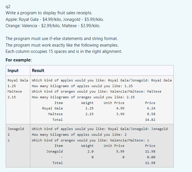 Solved q2 Write a program to display fruit sales receipts. | Chegg.com