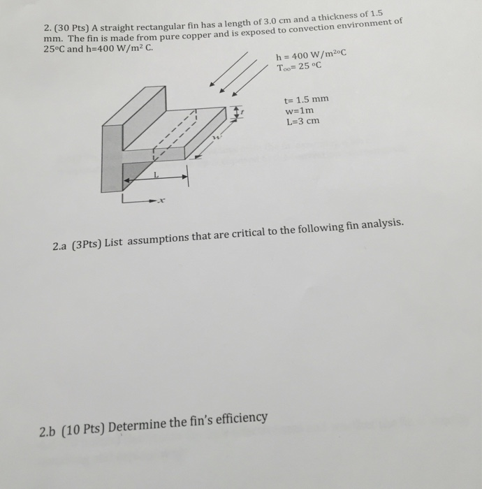Solved 2. (30 Pts) A straight rectangular fin has a length | Chegg.com