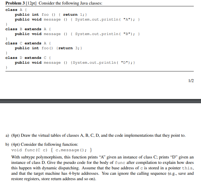 Problem 3 [12pt] Consider the following Java classes: | Chegg.com