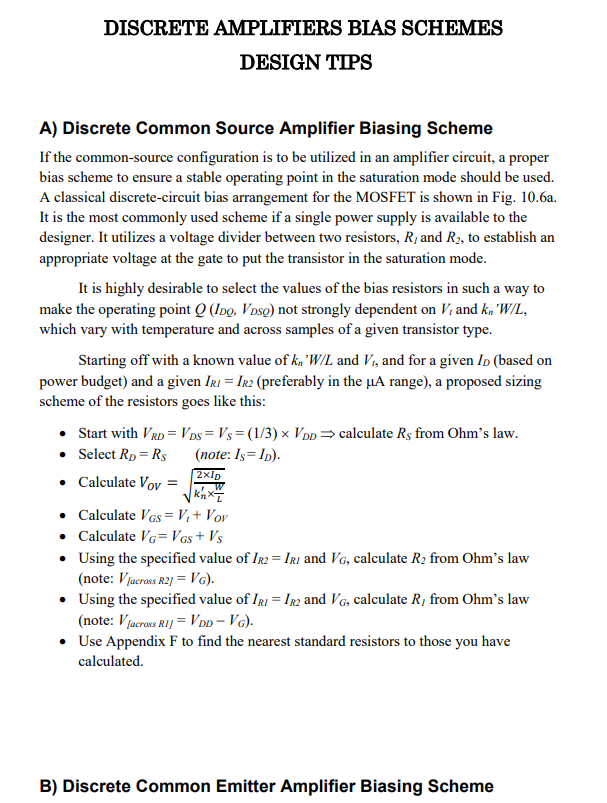 Solved DISCRETE AMPLIFIERS BIAS SCHEMES DESIGN TIPS A) | Chegg.com