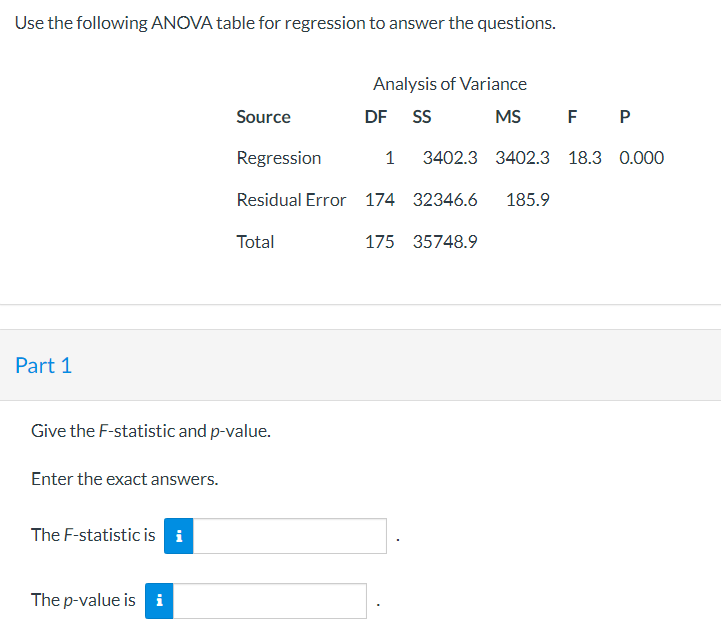 Use the following ANOVA table for regression to | Chegg.com
