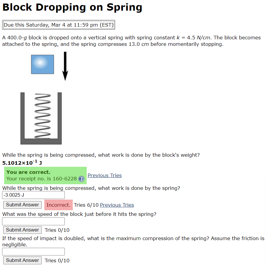 Solved Block Dropping on Spring A 400.0-g block is dropped | Chegg.com