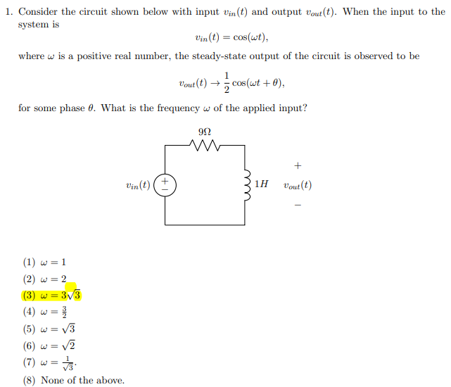 Solved 1. Consider the circuit shown below with input Vin(t) | Chegg.com