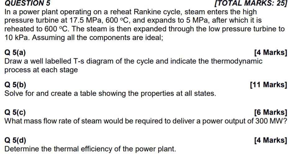 Solved QUESTION 5 [TOTAL MARKS: 25] In a power plant | Chegg.com