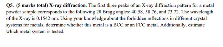 Solved Q5. (5 marks total) X-ray diffraction. The first | Chegg.com