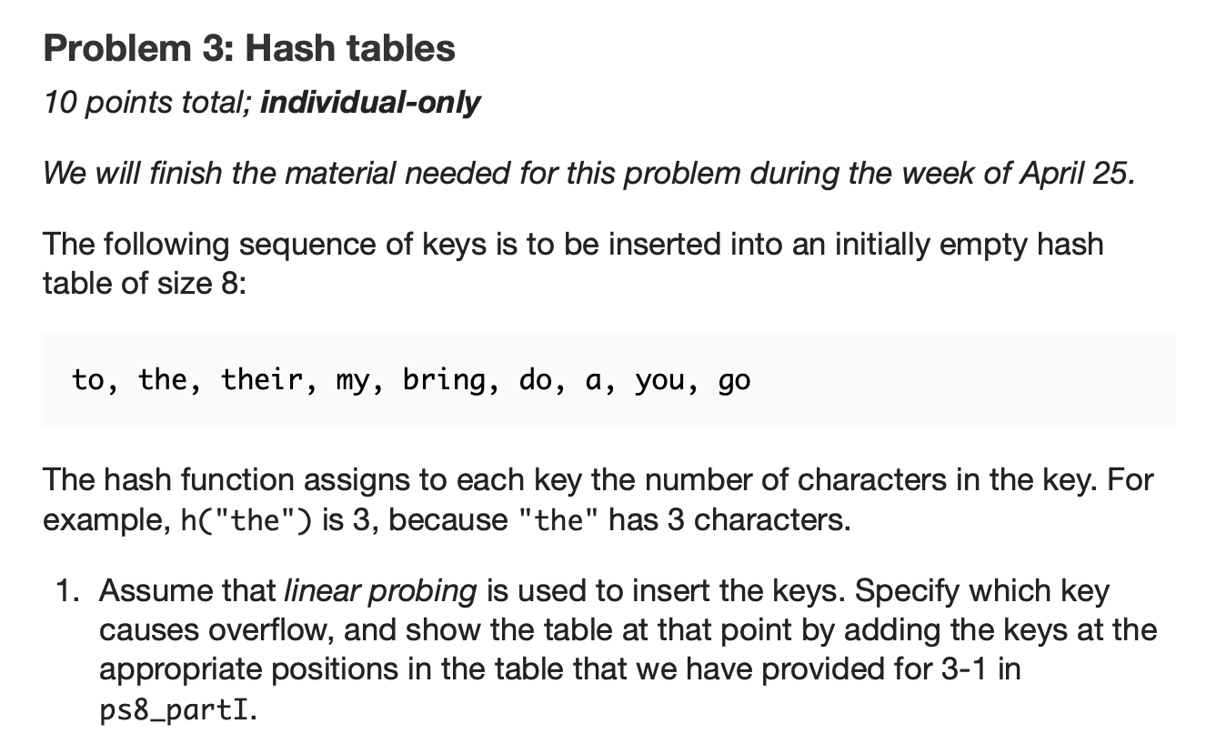 Solved Problem 3: Hash tables 10 points total; | Chegg.com