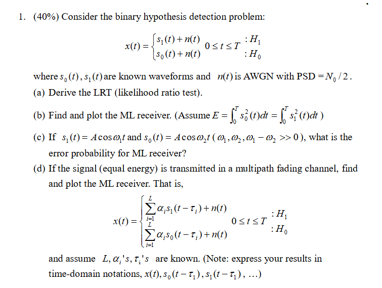 (40%) ﻿Consider the binary hypothesis detection | Chegg.com