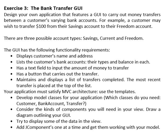 Exercise 3: The Bank Transfer GUI Design your own | Chegg.com