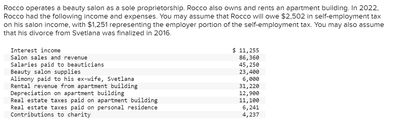 Solved Rocco operates a beauty salon as a sole | Chegg.com