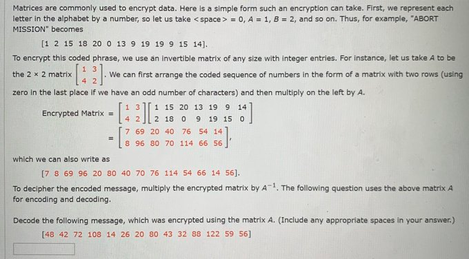 Solved Matrices are commonly used to encrypt data. Here is a | Chegg.com