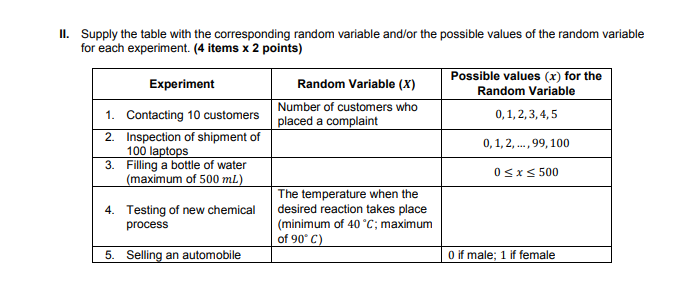 Solved II. Supply the table with the corresponding random | Chegg.com