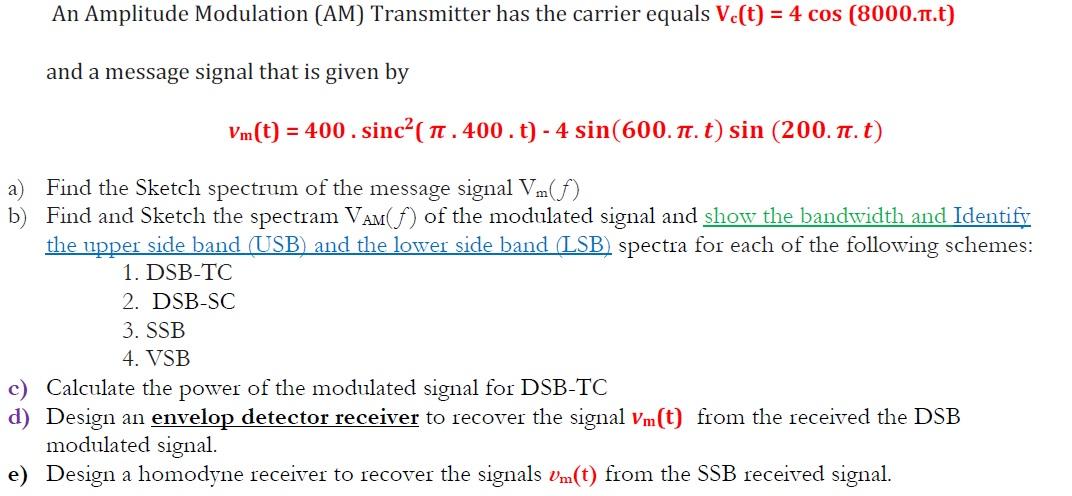Solved An Amplitude Modulation (AM) Transmitter has the | Chegg.com