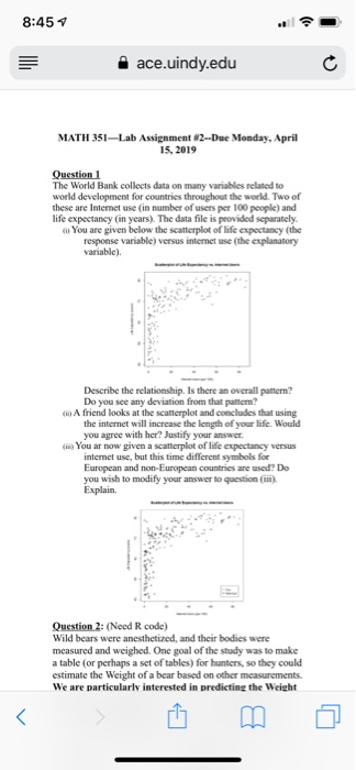 Solved 8:45 1 el ace. uindy.edu MATH 351 Lab Assignment | Chegg.com