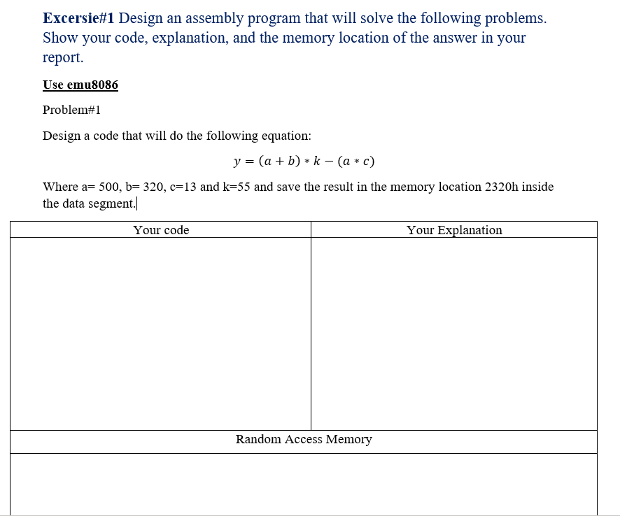 Solved Excersie#1 Design an assembly program that will solve | Chegg.com