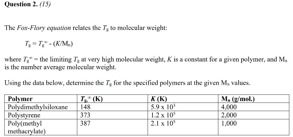 Solved Question 2. (15) The Fox-Flory equation relates the | Chegg.com