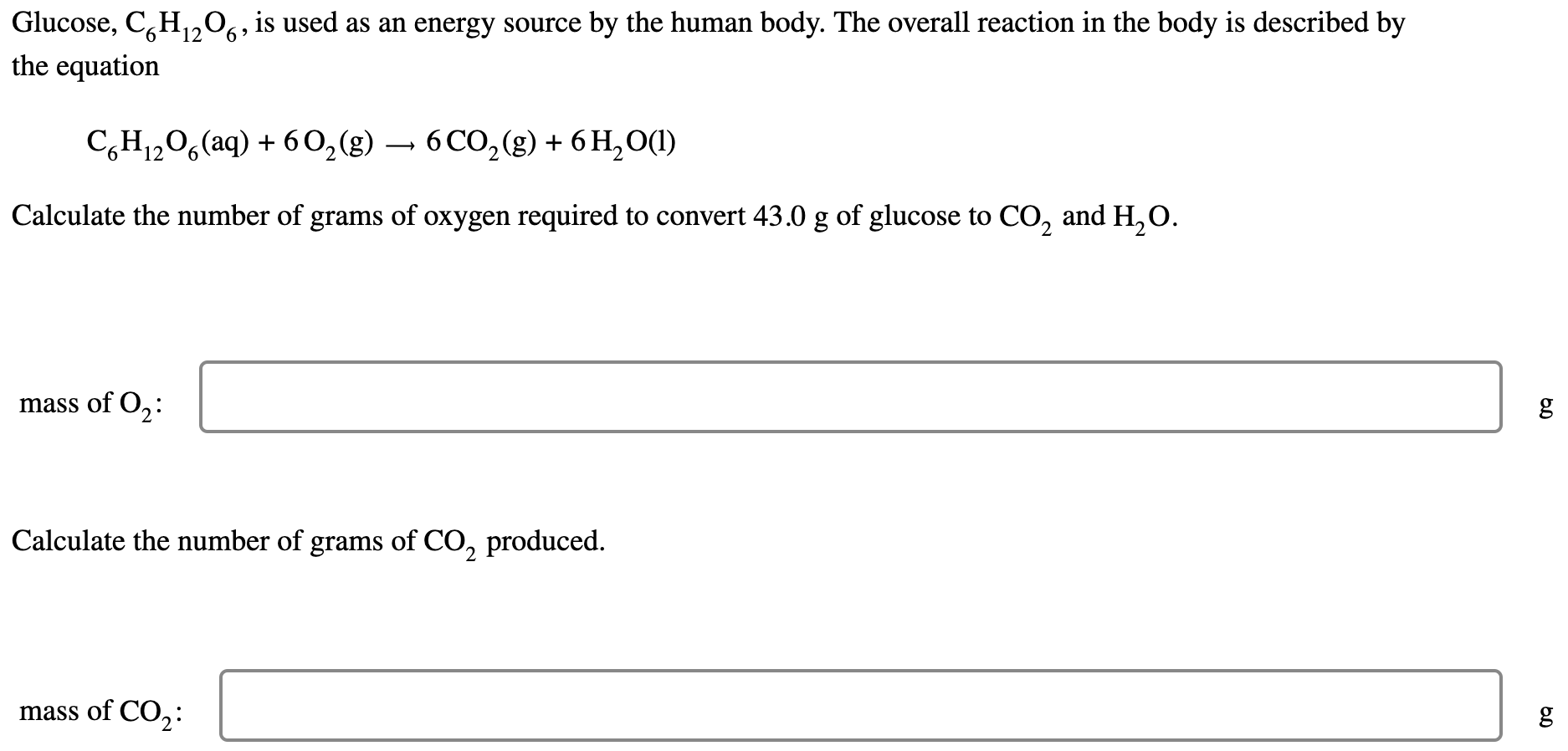 Solved Glucose, C6H12O6, ﻿is used as an energy source by the | Chegg.com