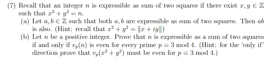 Solved (7) Recall that an integer n is expressible as sum of | Chegg.com
