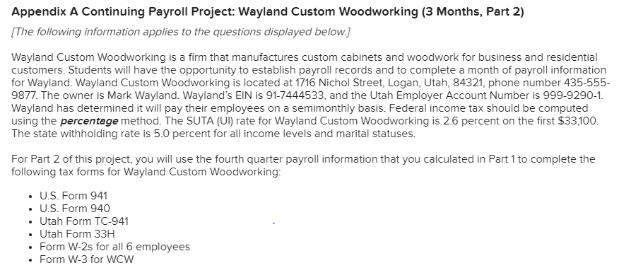 Appendix A Continuing Payroll Project: Wayland Custom | Chegg.com