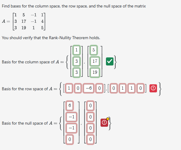 Solved by an EXPERT Find bases for the column space, the row space, and | Chegg.com