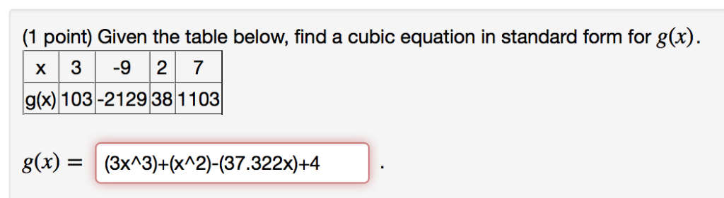 Solved (1 point) Given the table below, find a cubic | Chegg.com