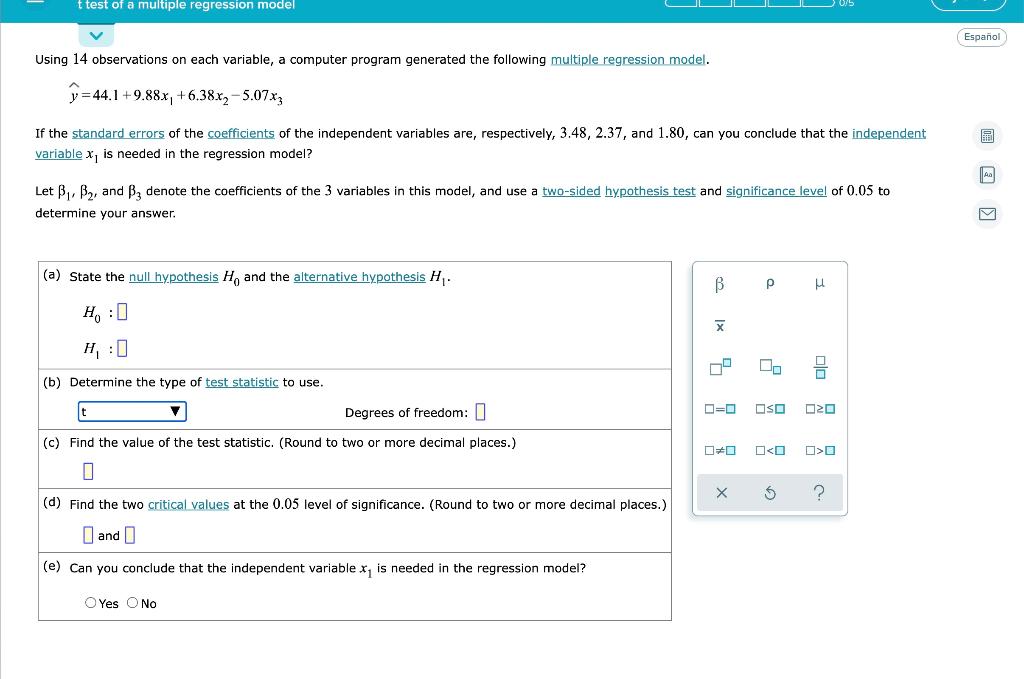 Solved t test of a multiple regression model Español Using | Chegg.com