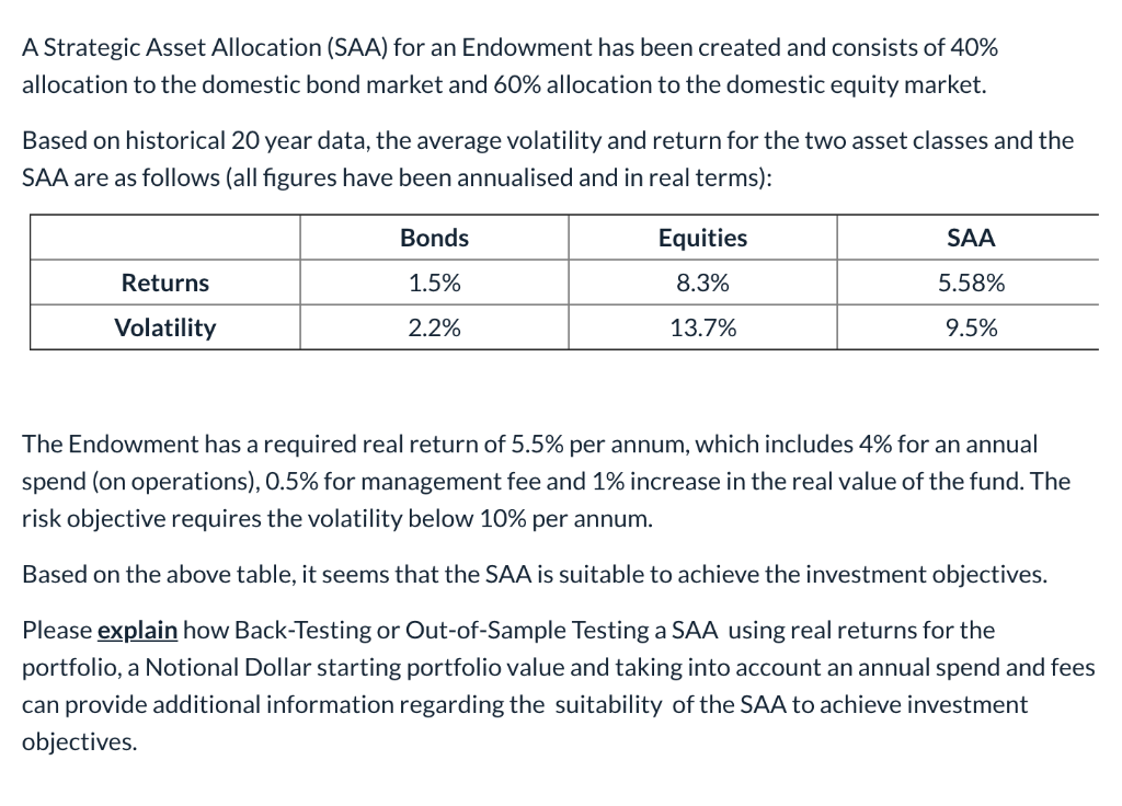 A Strategic Asset Allocation (SAA) for an Endowment | Chegg.com