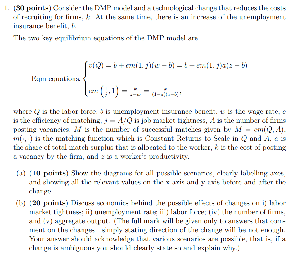 Solved (30 points) Consider the DMP model and a | Chegg.com
