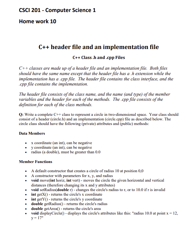 Solved CSCI 201 - Computer Science 1 Home work 10 C++ header | Chegg.com