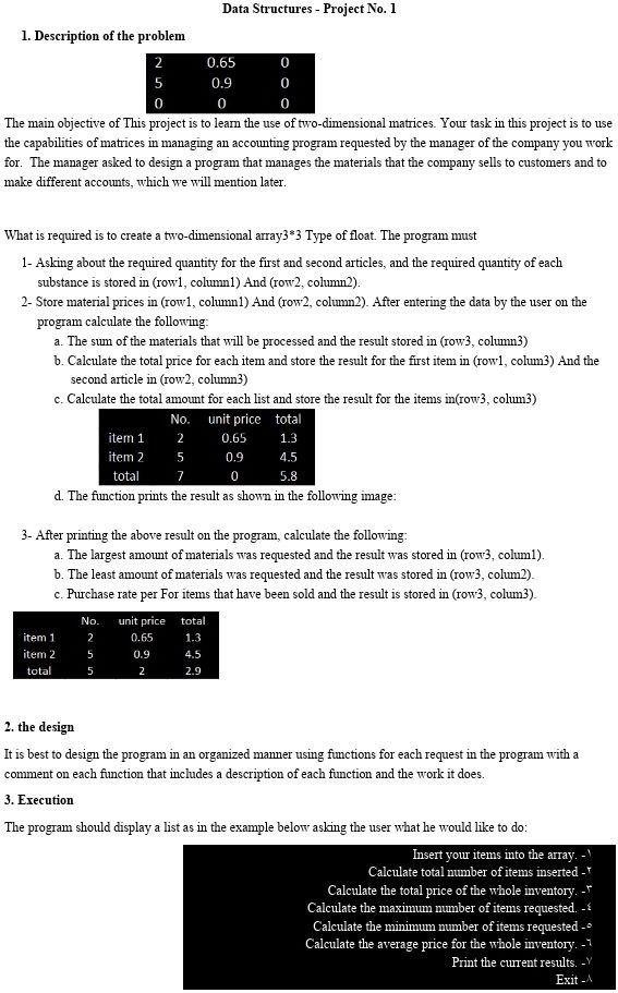 Solved 0 Data Structures - Project No. 1 1. Description of | Chegg.com