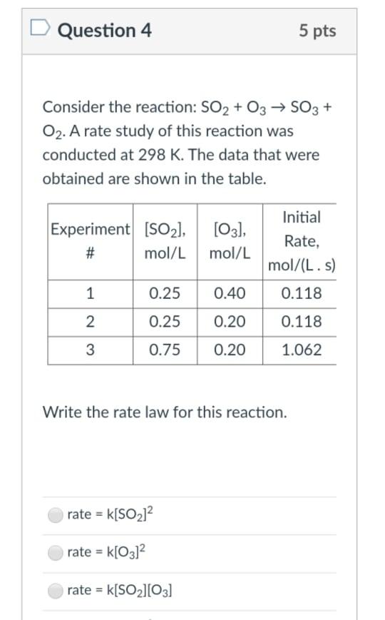 Solved Question 4 5 pts Consider the reaction: SO2 + O3 → | Chegg.com