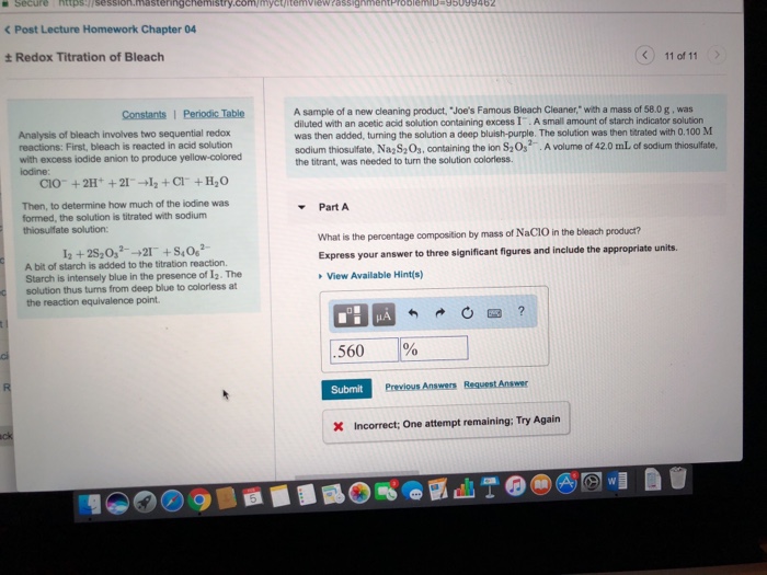 Solved Post Lecture Homework Chapter 04 ± Redox Titration of | Chegg.com